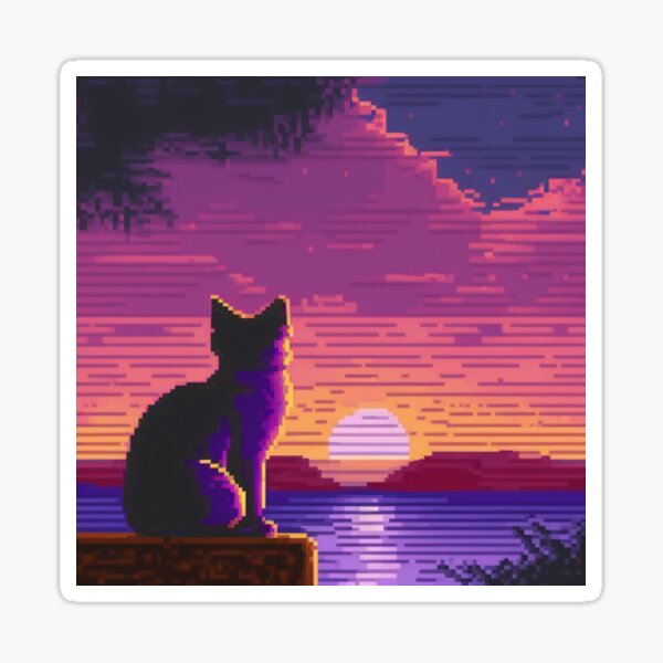 "Cat looking at sunset, pixel art, Art deco house" Sticker for Sale by ...
