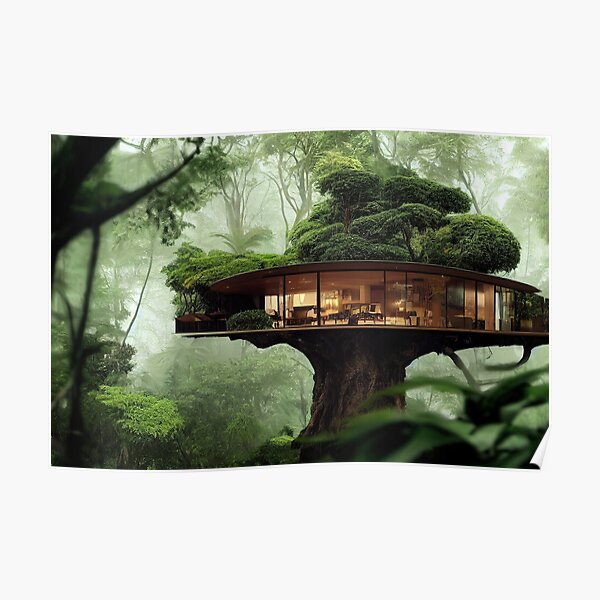 "Modern treehouse in a rain forest - paintings of houses" Poster for ...