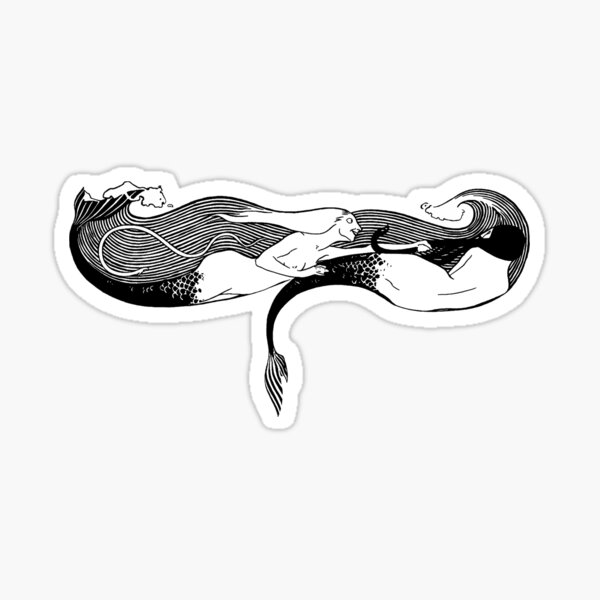 "Two mermaids playing and chasing each other in foamy waves." Sticker ...