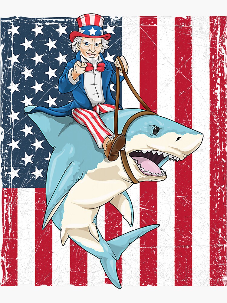 "Uncle Sam Riding Shark 4th Of July US Shark Patriotic" Sticker for ...