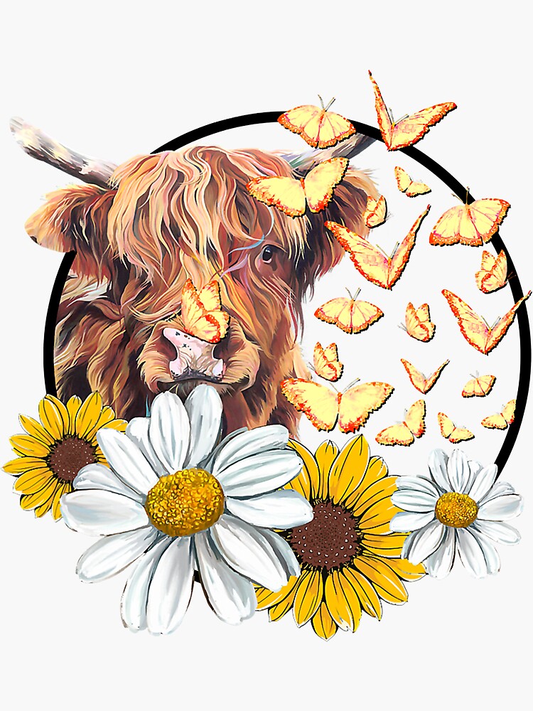 "Hippie Farm Animal Lover Sunflower Scottish Highland Cow" Sticker for Sale by OhBarks | Redbubble