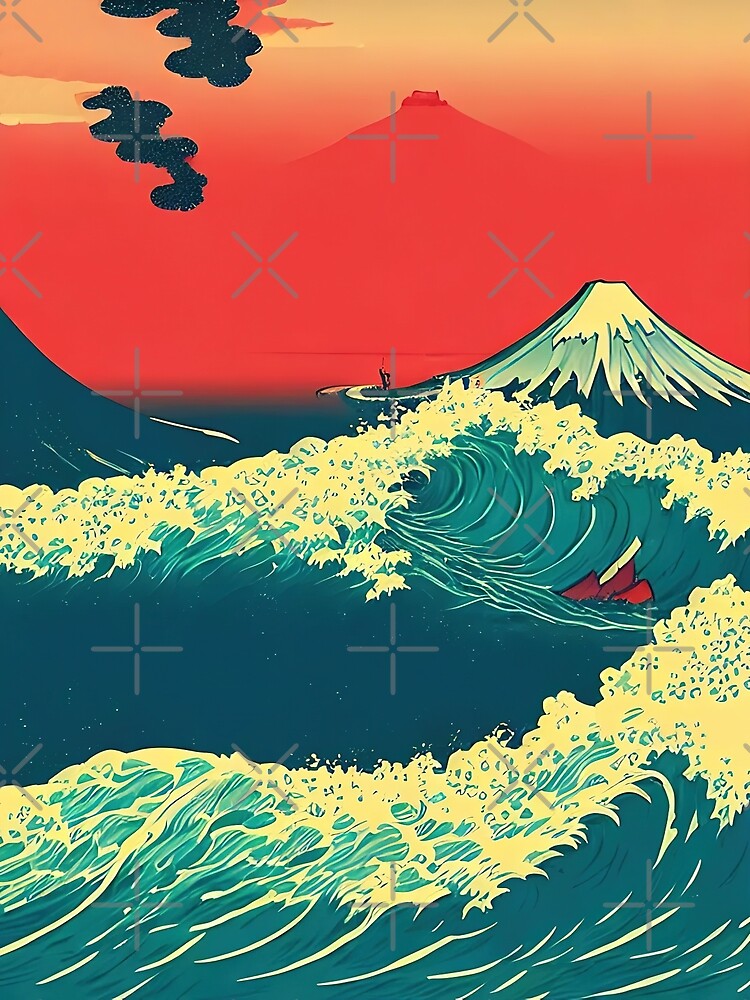 "Japan Surf Waves with Temple above Mt Fuji" Poster for Sale by ...