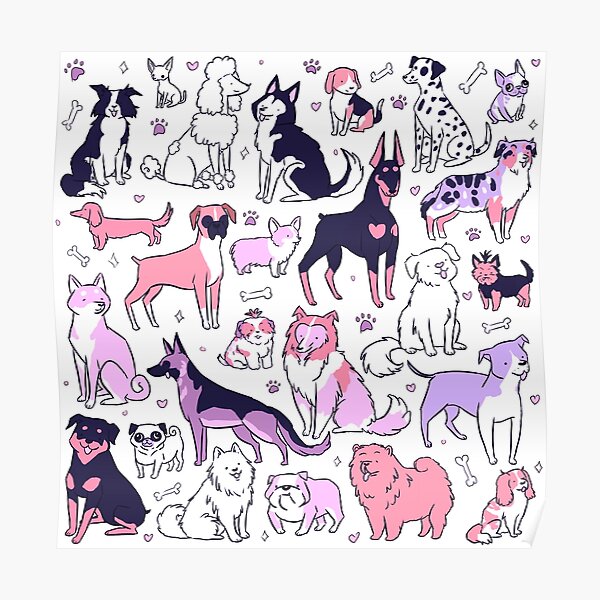 "Cute pink 25 dog breeds pattern cartoon illustration for dog lovers ...