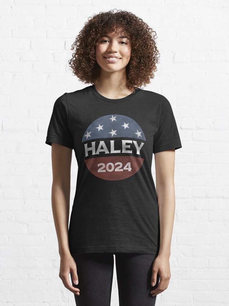 "Nikki Haley 2024 Vintage President Distressed USA Flag Button" T-shirt ...
