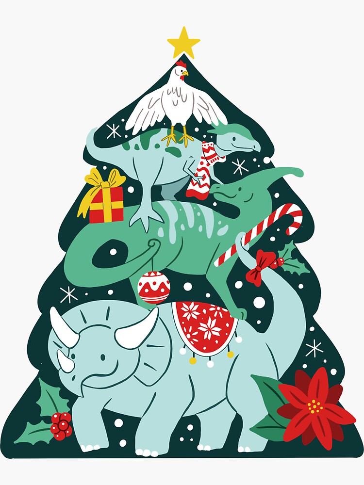 "Dino Christmas tree - cute prehistoric dinosaurs and chicken" Sticker ...
