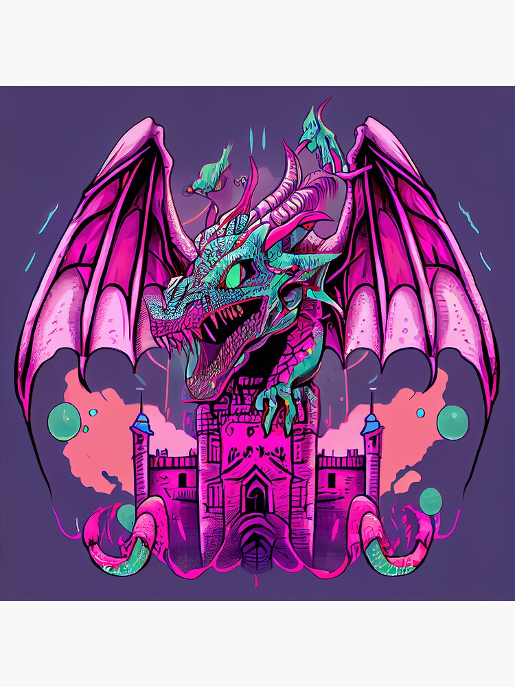 "3D retro pop art snarling pink dragon guarding his old funky castle ...