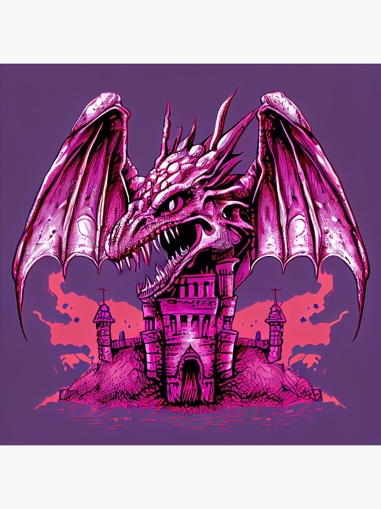 "3D retro pop art snarling pink dragon guarding his old funky castle ...