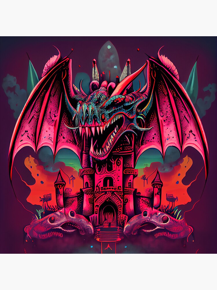 "3D retro pop art snarling pink dragon guarding his old funky castle ...