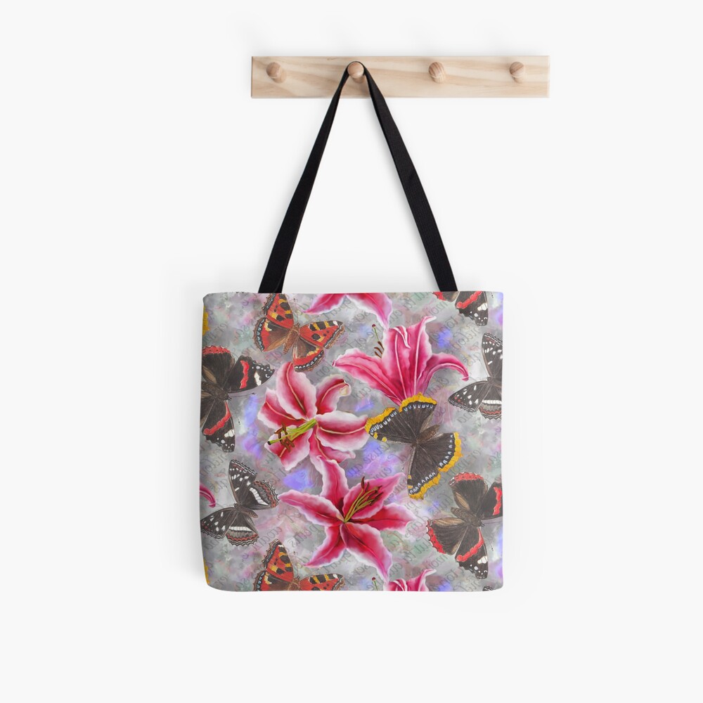 "Tale Of Colorful Butterflies and Beautiful Pink Lilies" Tote Bag for ...