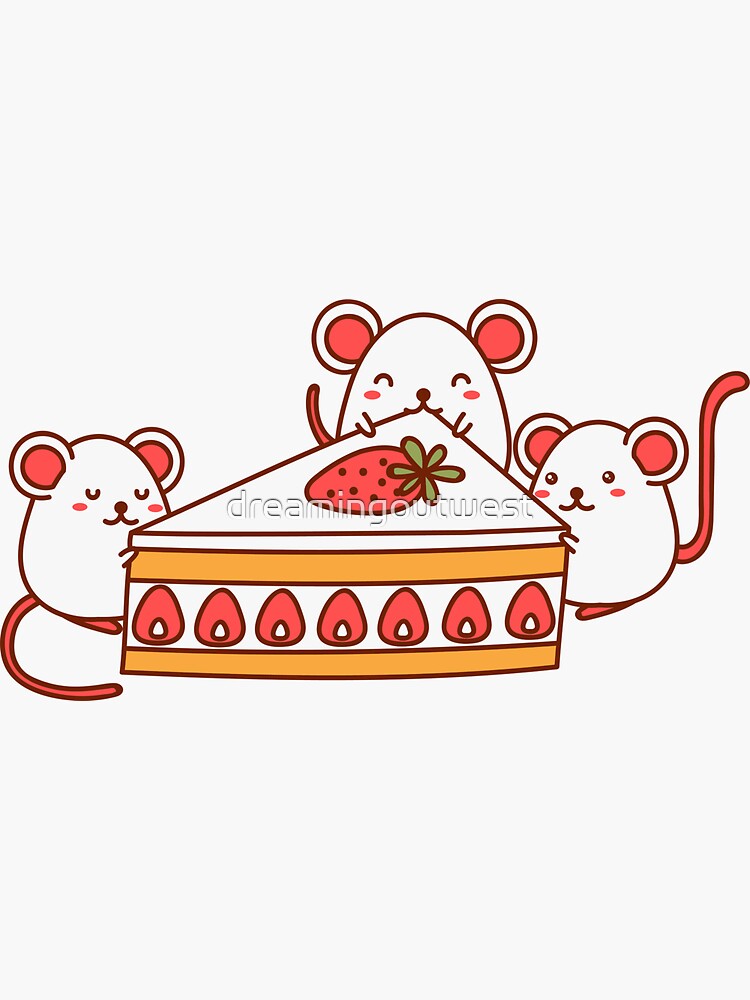 "Happy Kawaii Mice eating strawberry cake " Sticker for Sale by ...