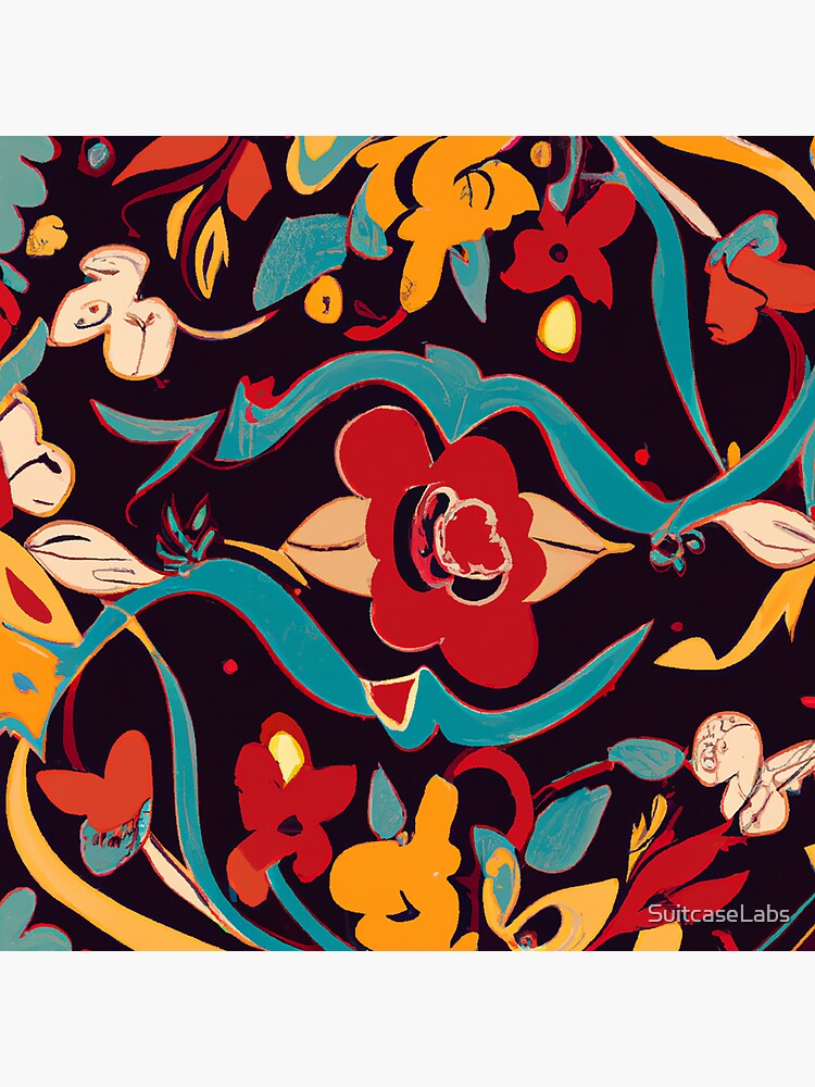 "Boho Flower Pattern - Red, Yellow and Blue Botanical Motif" Sticker ...