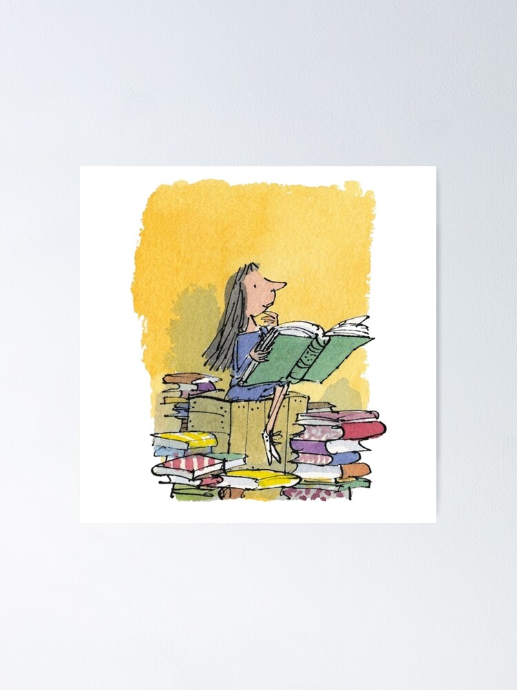 "Matilda on yellow background reading books, Roald Dahl " Poster for ...