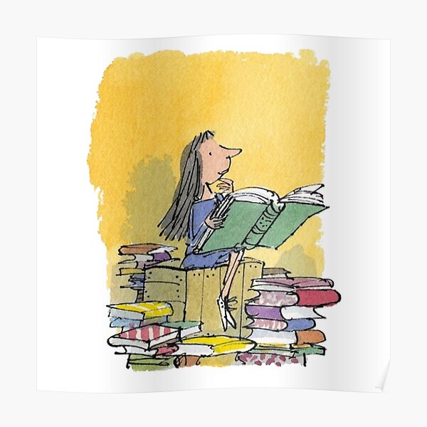 "Matilda on yellow background reading books, Roald Dahl " Poster for ...