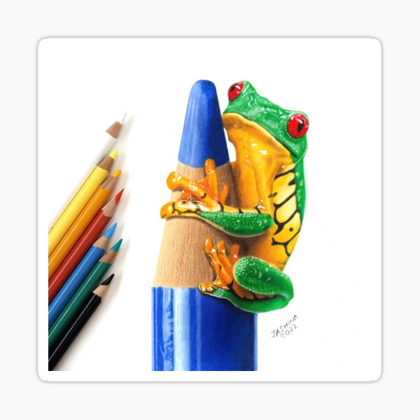 "Colored Pencil Drawing of a Frog on a Pencil" Sticker for Sale by ...