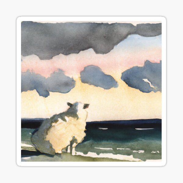 "Watercolor Sheep Watching Clouds on Windy Beach" Sticker for Sale by ...