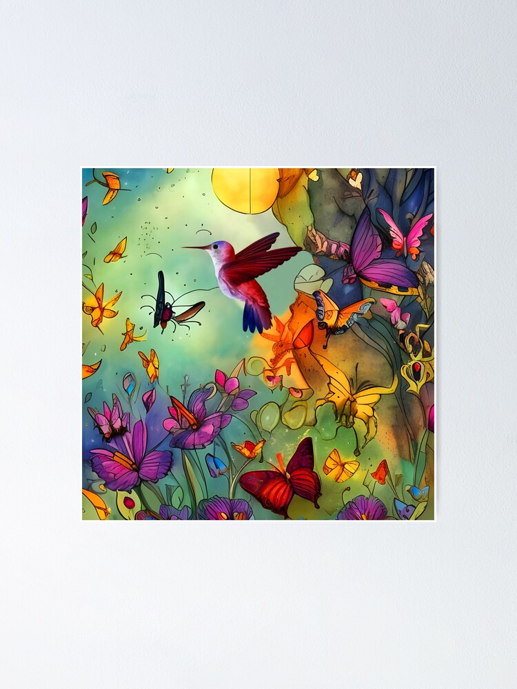 "Red colibri with butterflies" Poster for Sale by Lamirabelle | Redbubble