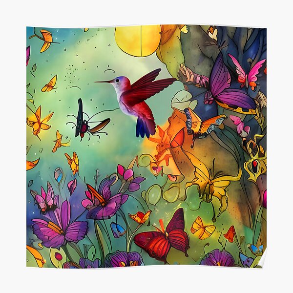 "Red colibri with butterflies" Poster for Sale by Lamirabelle | Redbubble