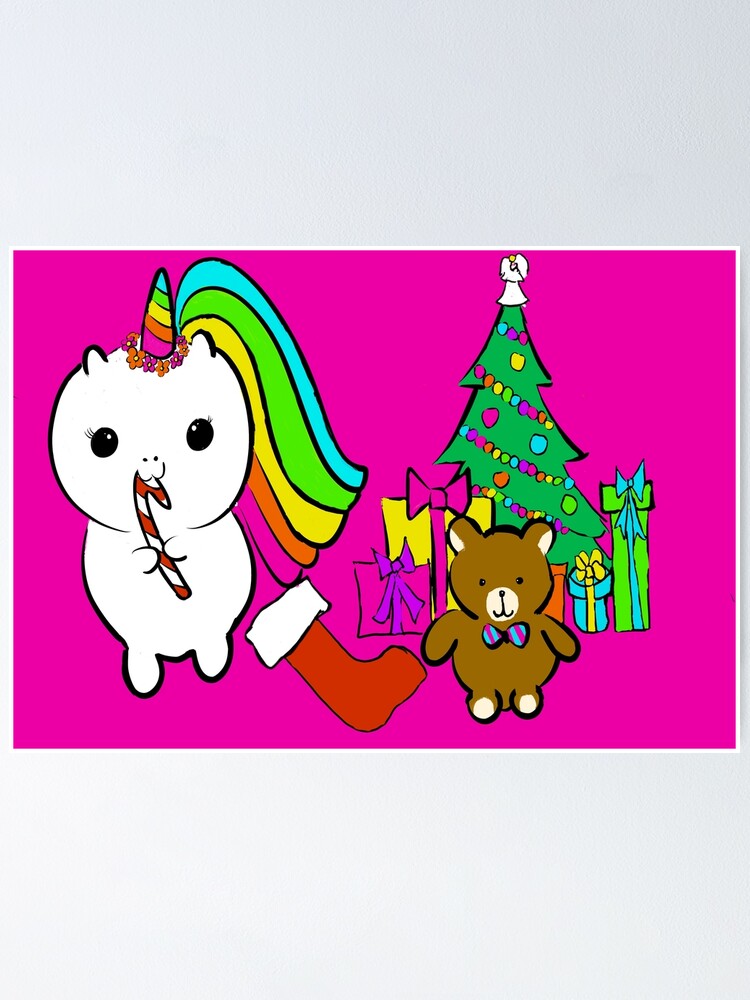 Póster «Kawaii Neon Rainbow Unicorn con un bastón de caramelo y un ...