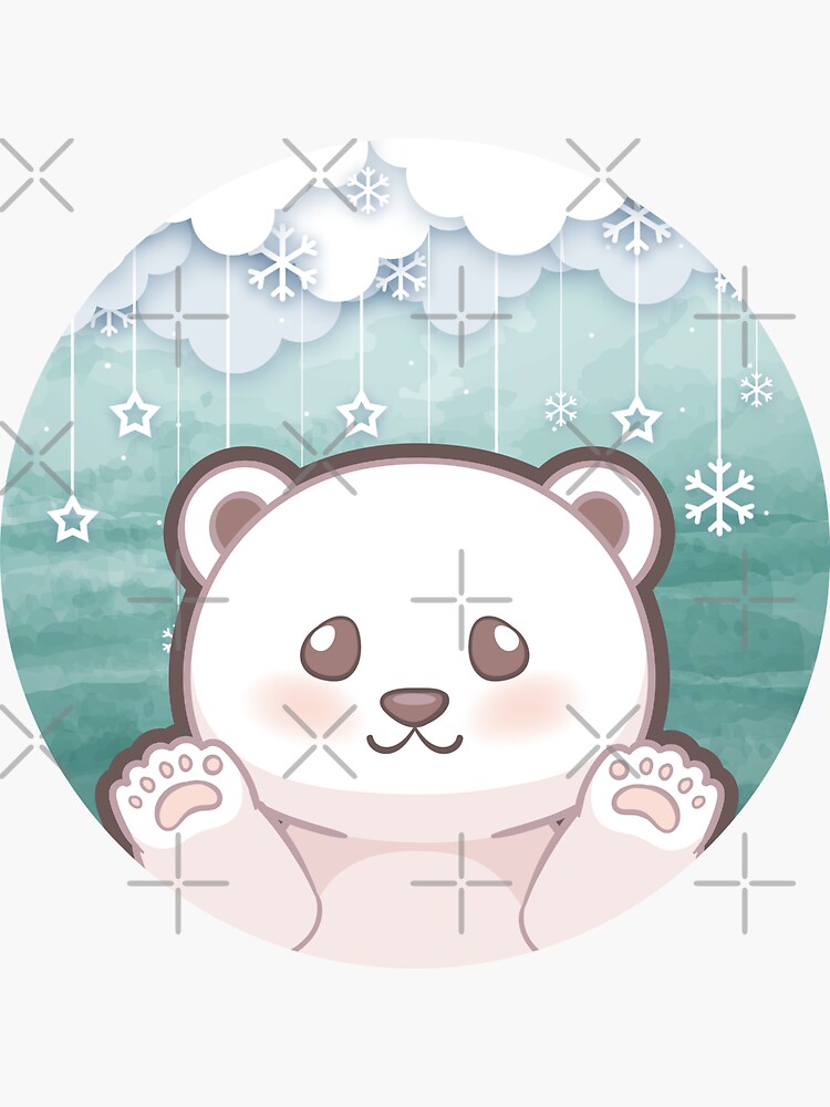 "Cute cub polar bear say hi character design with snowflake background ...