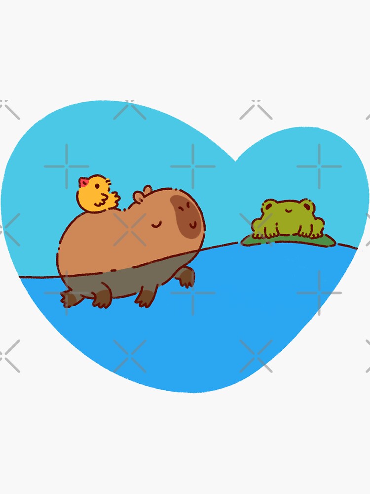 "Capybara swimming with a bird and a frog, happy friends" Sticker for ...