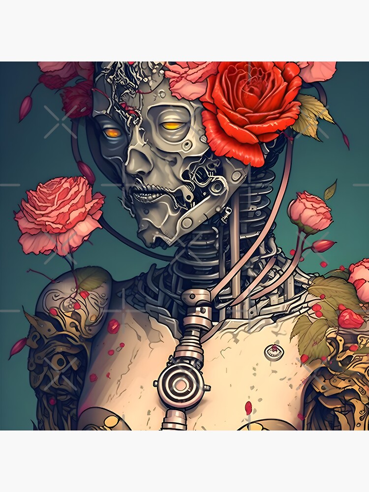 "Cyborg character on a retro cover - red roses " Sticker for Sale by ...