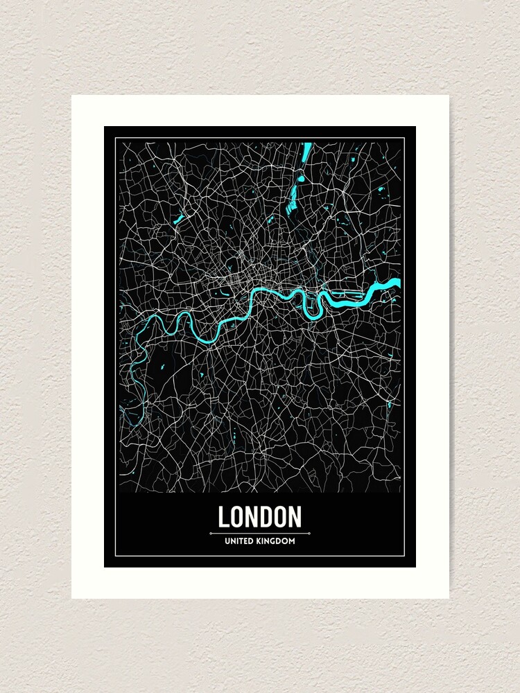 "London UK Dark Map Poster Illustrated Design Black & White ...