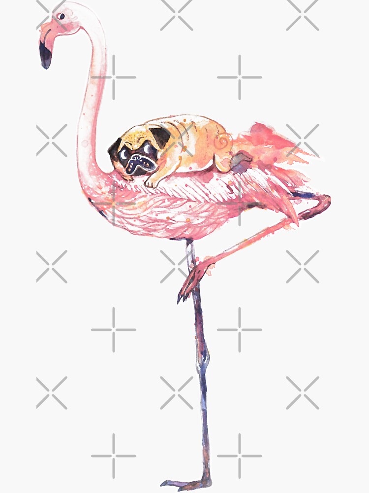 "Flamingo and Pug Watercolor" Sticker by Huebucket | Redbubble