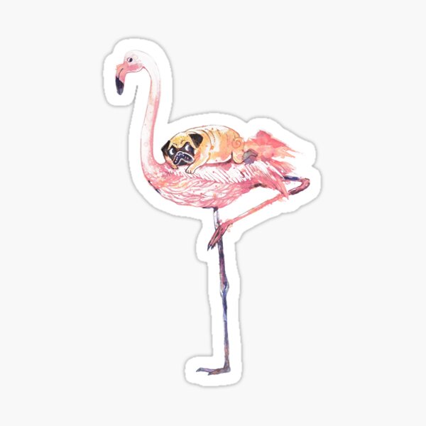 "Flamingo and Pug Watercolor" Sticker by Huebucket | Redbubble