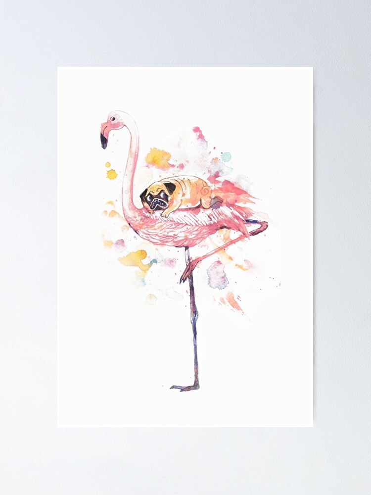 "Flamingo and Pug Watercolor" Poster by Huebucket | Redbubble