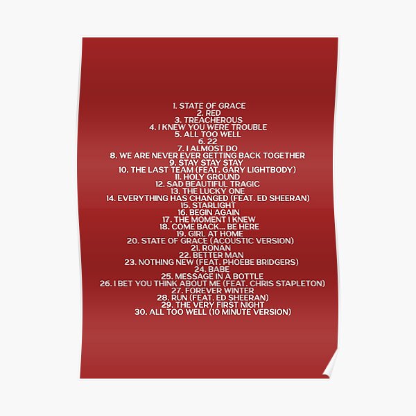 "Taylor Swift Red Taylor's Version Album Track List" Poster for Sale by ...