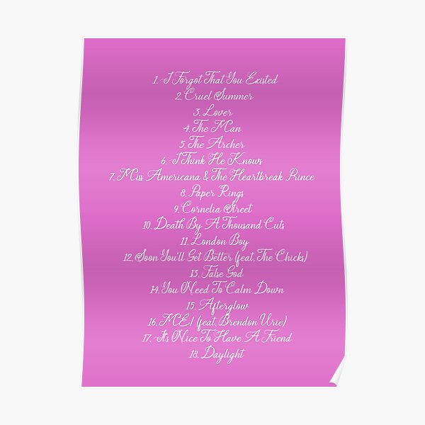 "Taylor Swift Lover Album Track List" Poster for Sale by impalecki ...