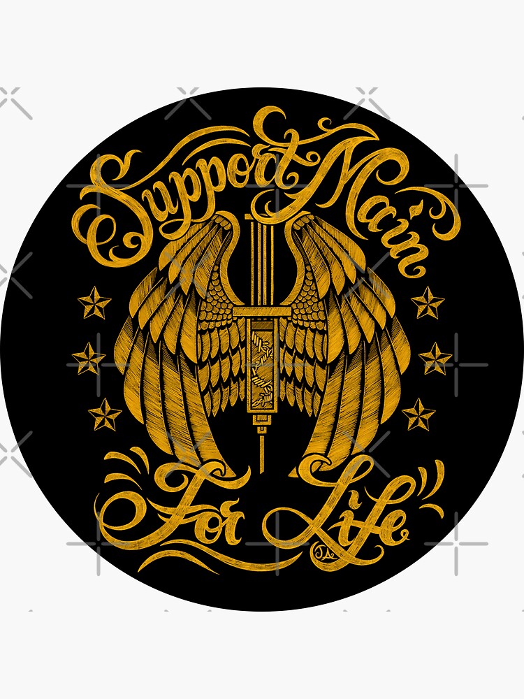Support Main” Yellow Syringe Wings Calligraphy Biker" Sticker for Sale ...