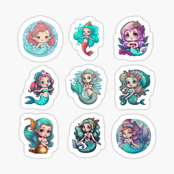 "Cute Cartoon Mermaid Sticker Pack - Set of 9" Sticker for Sale by ely ...