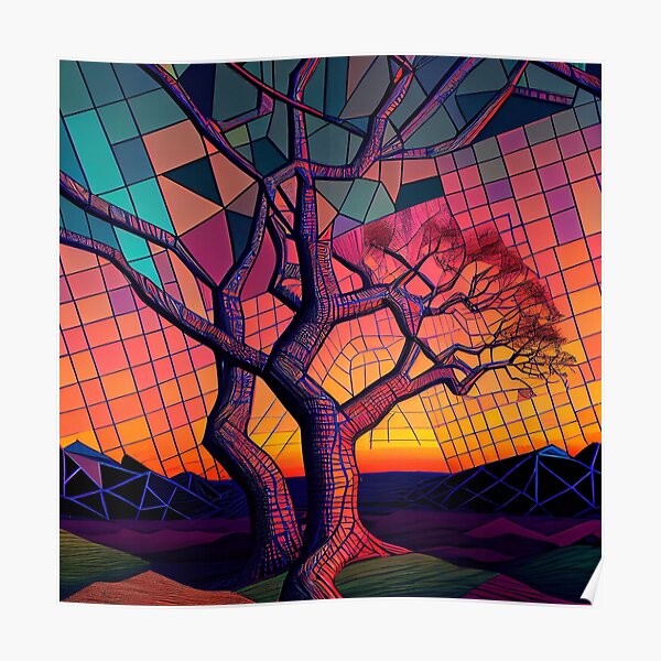 "a surreal fantastical and magical multicoloured textured tree in front ...