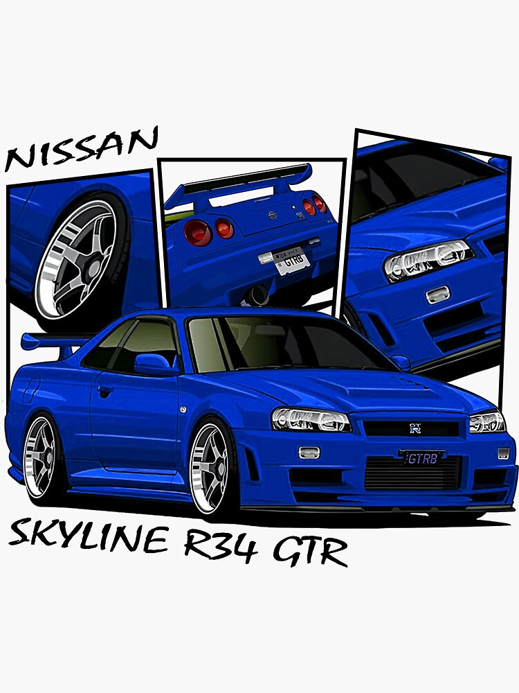 "Blue Nissan Skyline R34 GTR, JDM Car" Sticker for Sale by T-JD | Redbubble