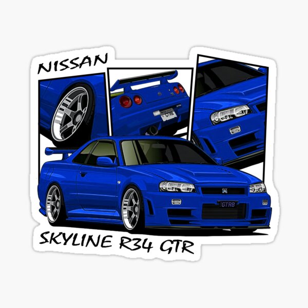 "Blue Nissan Skyline R34 GTR, JDM Car" Sticker for Sale by T-JD | Redbubble