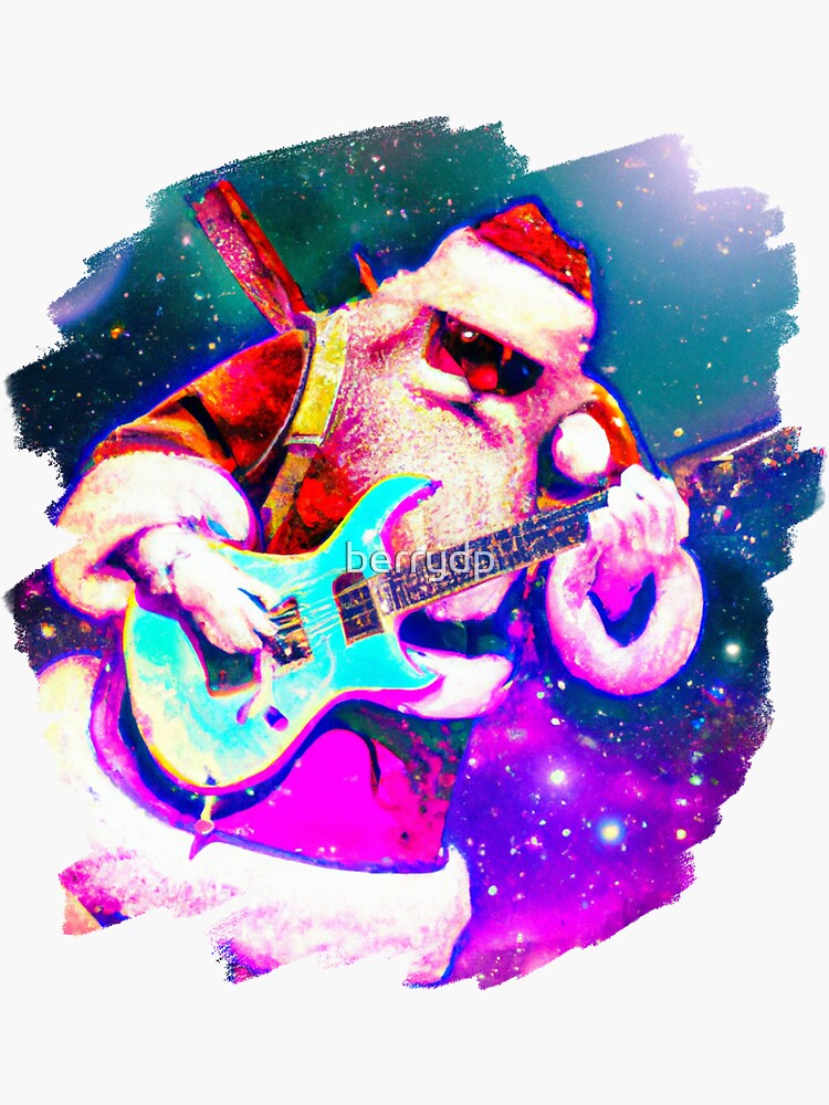 "Santa Claus Playing Guitar in Outer Space Music Christmas" Sticker for ...