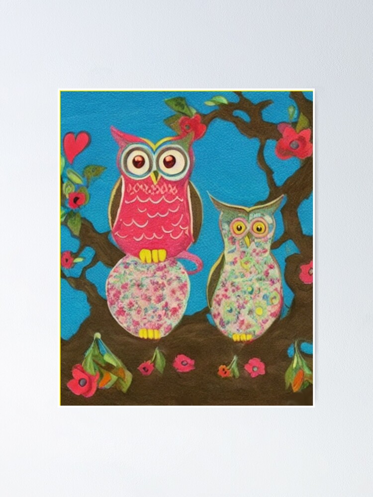 " Two Night owl spotted egg nest branch limb feathers vibrant hoot ...