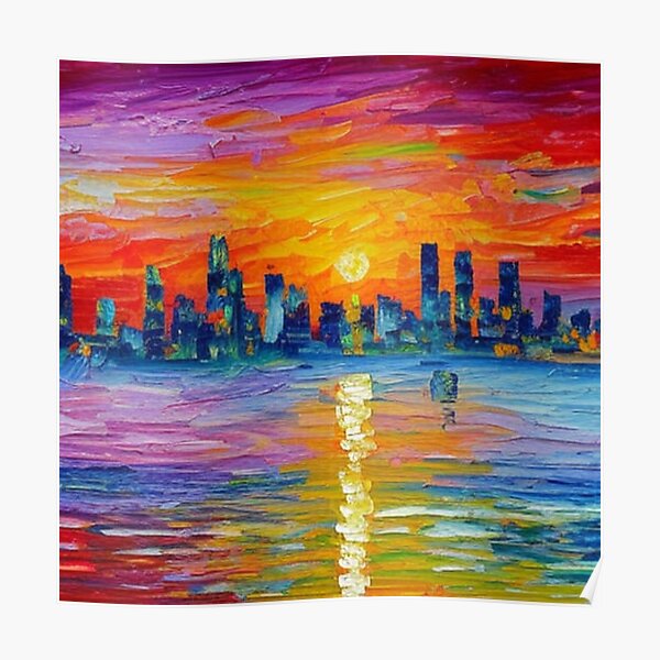"neo impressionism city skyline across the water at sunset" Poster for ...