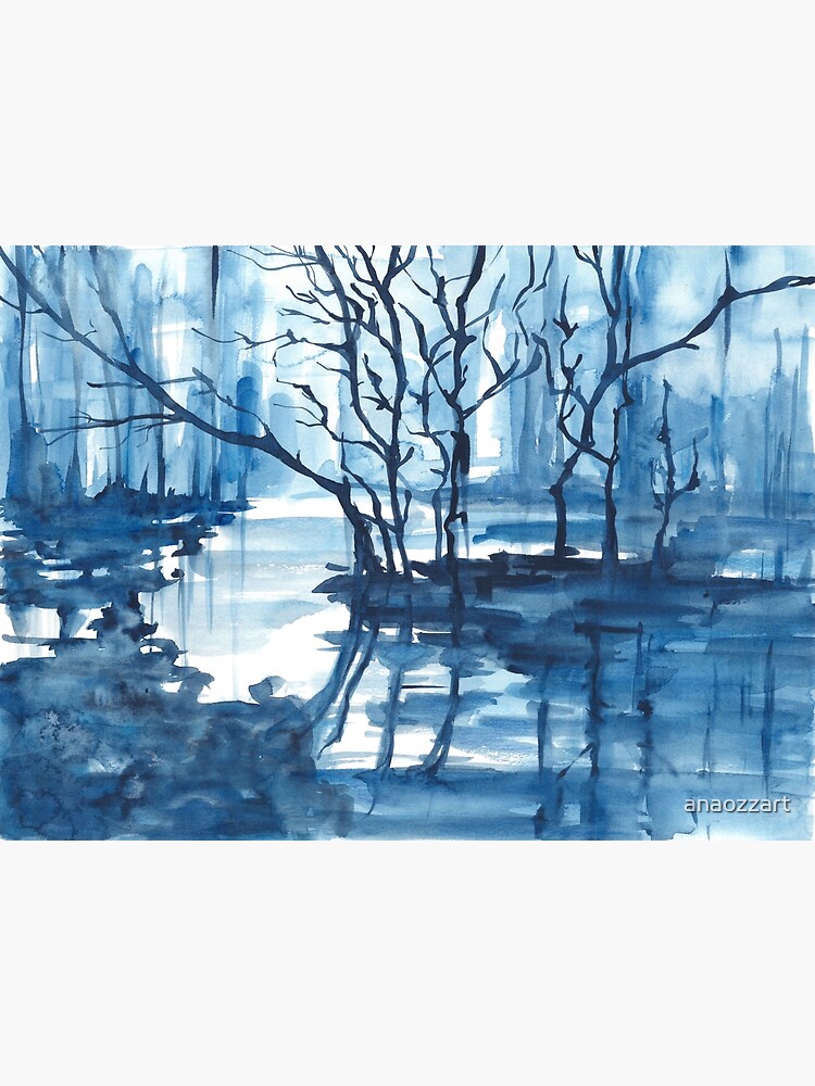 "Calm blue watercolor landscape. inspirational trees, reflection ...