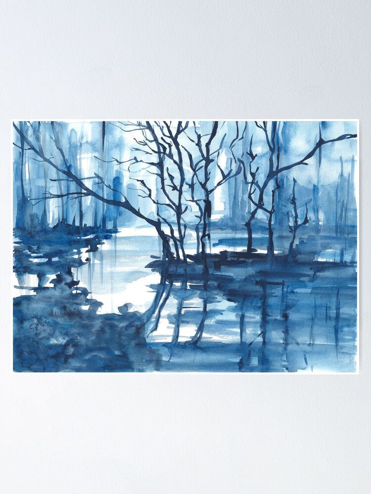 "Calm blue watercolor landscape. inspirational trees, reflection ...