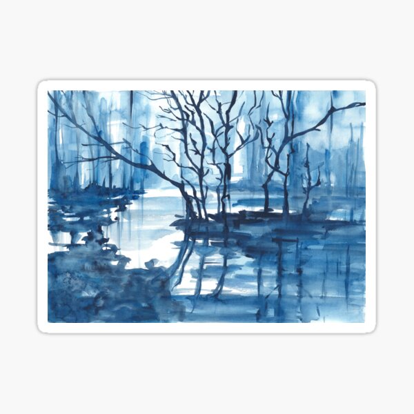 "Calm blue watercolor landscape. inspirational trees, reflection ...
