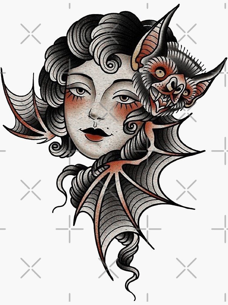"Traditional Beautiful Vampire and Scary Bat Tattoo" Sticker for Sale ...