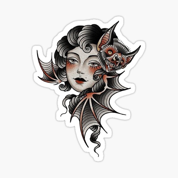 "Traditional Beautiful Vampire and Scary Bat Tattoo" Sticker for Sale ...