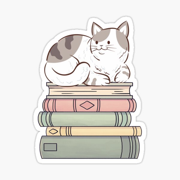 "Cute Cat on Stack of Books" Sticker for Sale by marleybsmith | Redbubble