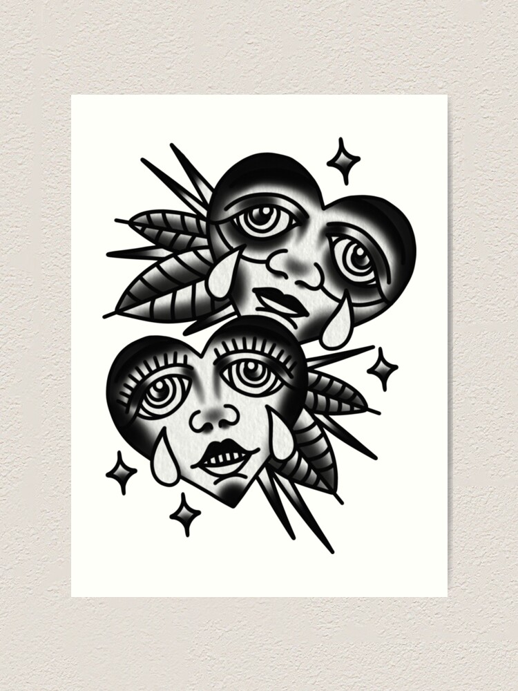 "Traditional Heart Faces Tattoo Piece" Art Print for Sale by ...