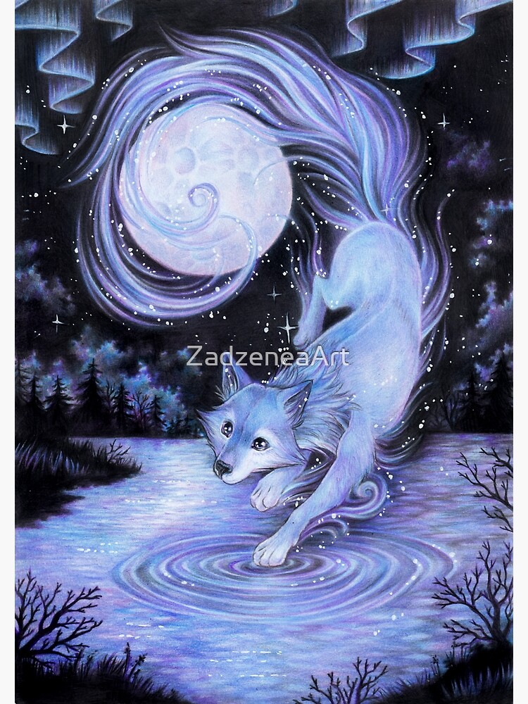 "Mystical spirit moon fox at night in front of the lake" Art Print for ...