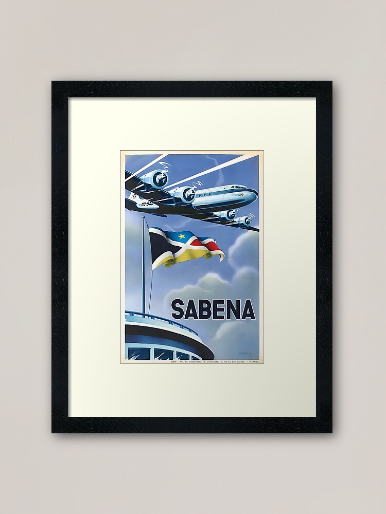 "SABENA DC-6 and Flag Vintage Travel Poster 50's" Framed Art Print for ...