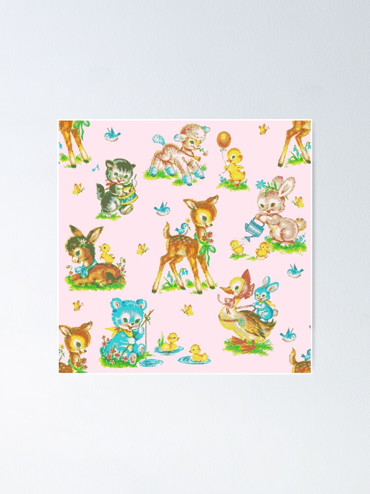 "vintage cute baby animals pink " Poster for Sale by gossiprag | Redbubble