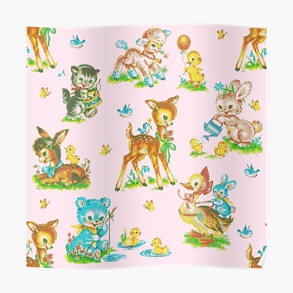 "vintage cute baby animals pink " Poster for Sale by gossiprag | Redbubble